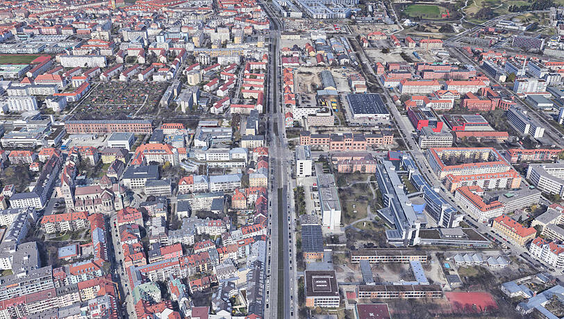 Die Dachauer Straße rund ums Gelände der Hochschule München ...